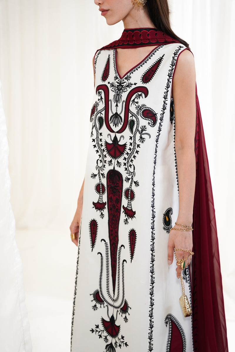 WHITE-MAROON LUXURY EMBROIDERED 3PCS SET NPA3-25426 (EID 2025 READY TO